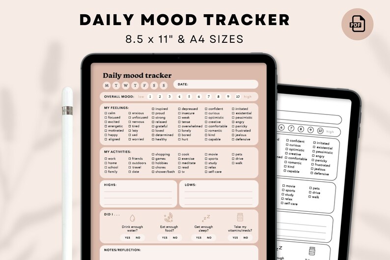 Digital Mood Tracker 8.5x11 & A4 Printable PDF Rose - Etsy Canada