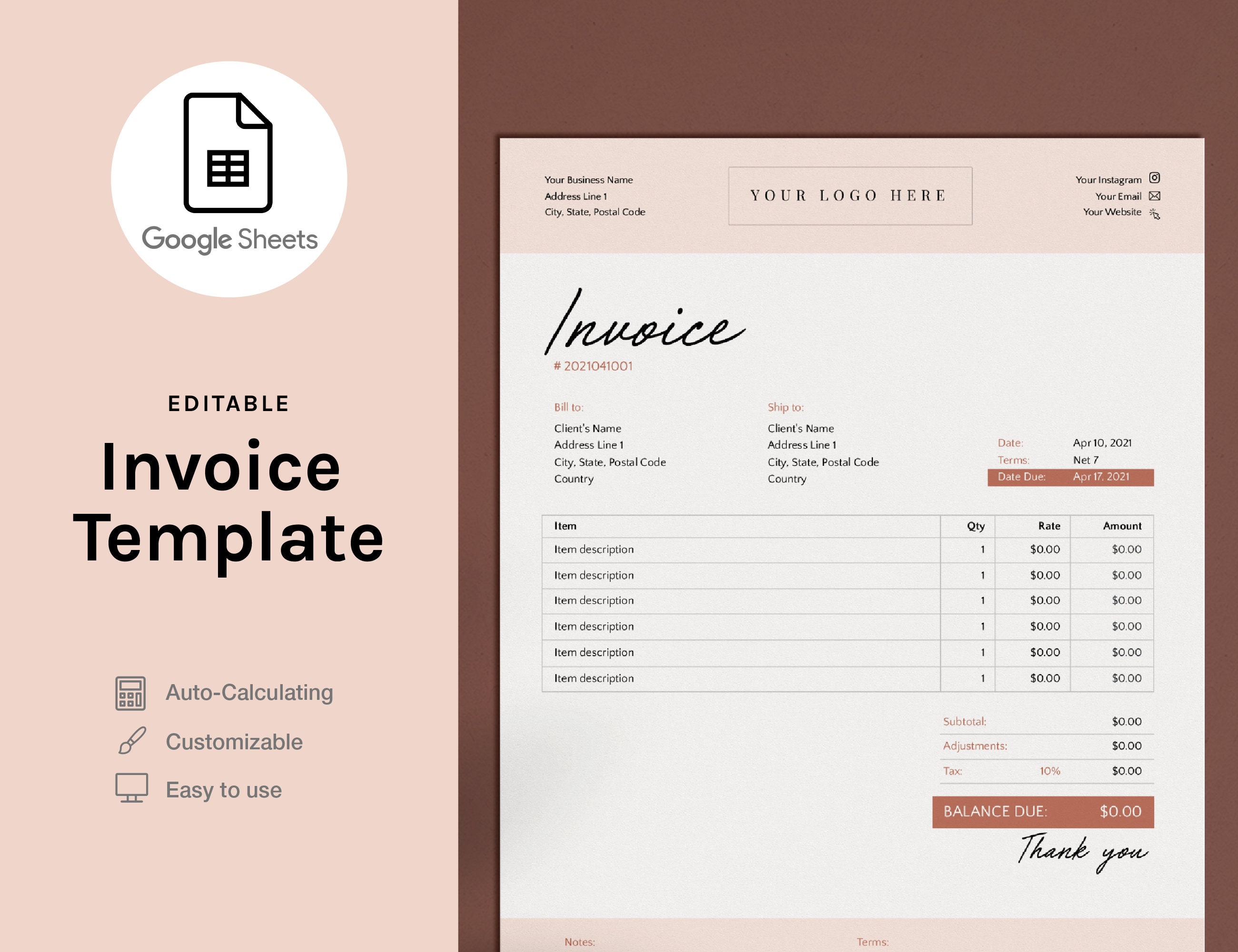 Auto-calculating Invoice Template 8.5 X 11 GOOGLE - Etsy Canada