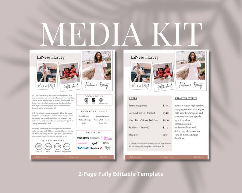 Influencer Media Kit Canva Template | Instagram Facebook Tiktok Rate ...