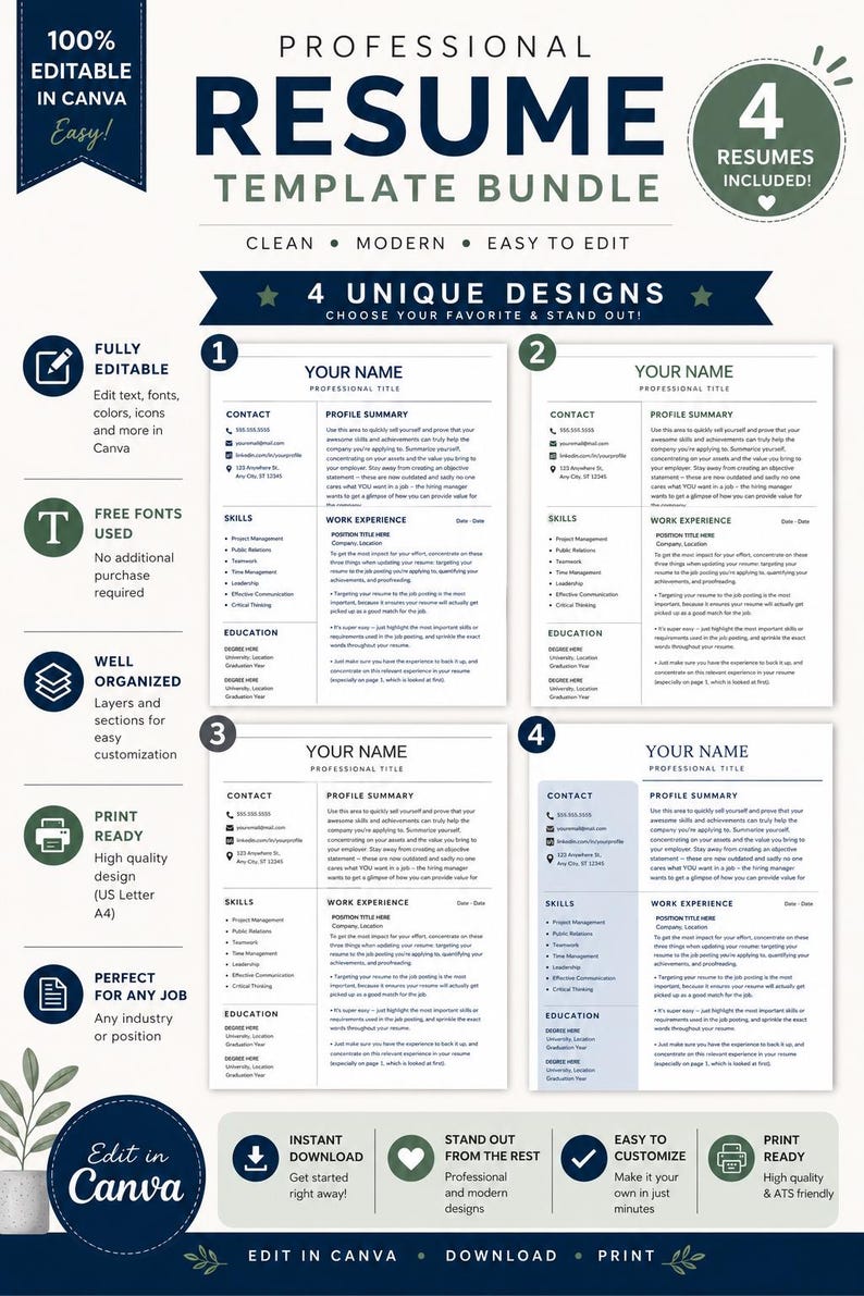 Professional ATS Resume Template Bundle, Canva, Google Docs, Word ...