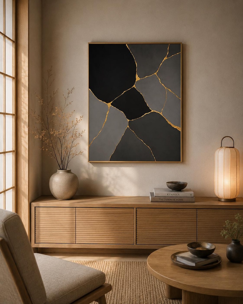 Wabi Sabi Kintsugi Wall Art, Japandi Abstract Print, Black Gold Artwork ...