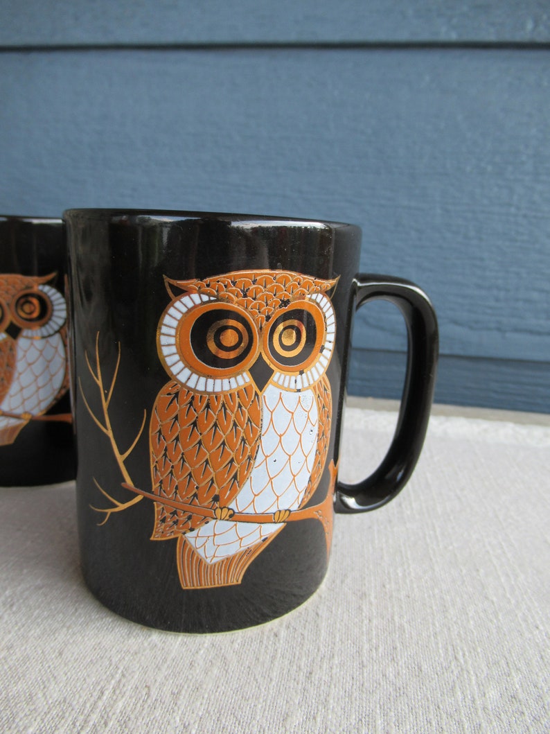 Ceramic Owl Coffee Mugs Retro Owl Mug Black and Gold Mugs - Etsy