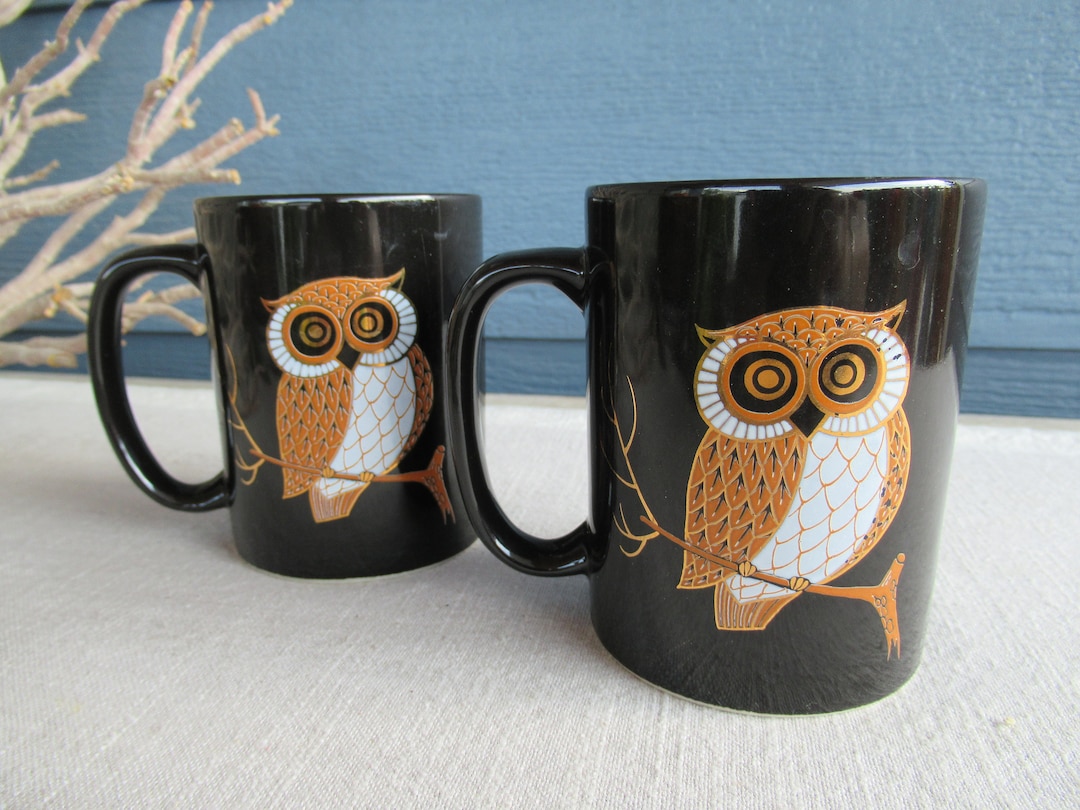 Ceramic Owl Coffee Mugs Retro Owl Mug Black and Gold Mugs - Etsy