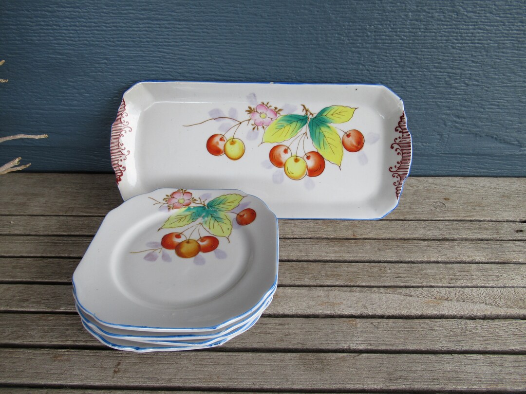 Vintage Cherry Blossom Design Ceramic Platter and Plates, Retro Kitchen ...