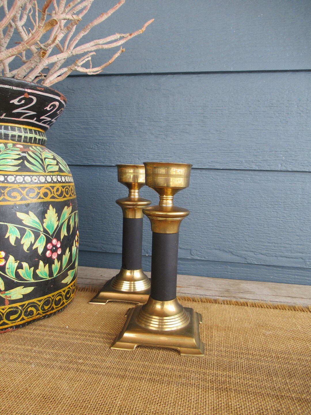 Vintage Brass Candle Holders, Brass and Black Candlestick, Boho Decor ...