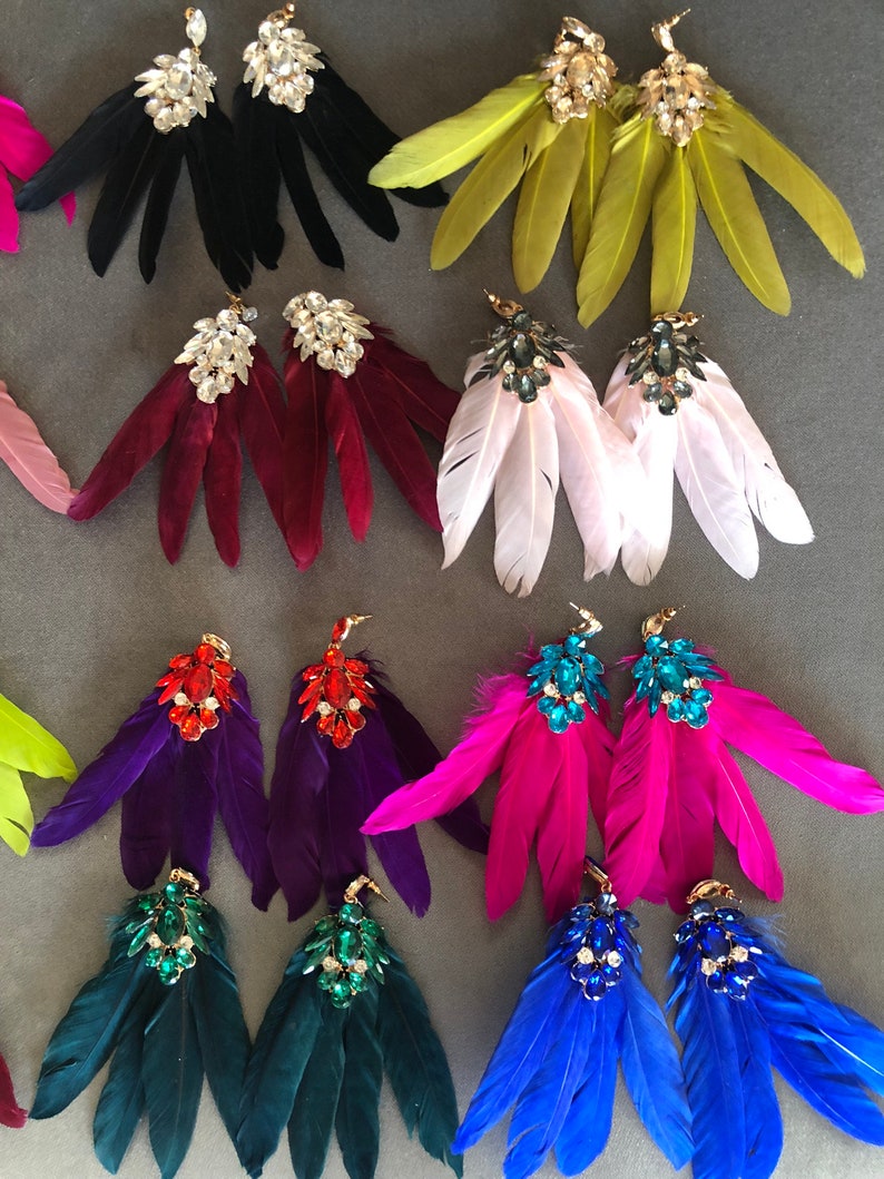 BURGANDY Long FEATHER & Jet BLACK Rhinestone Earings Dangle Earrings ...