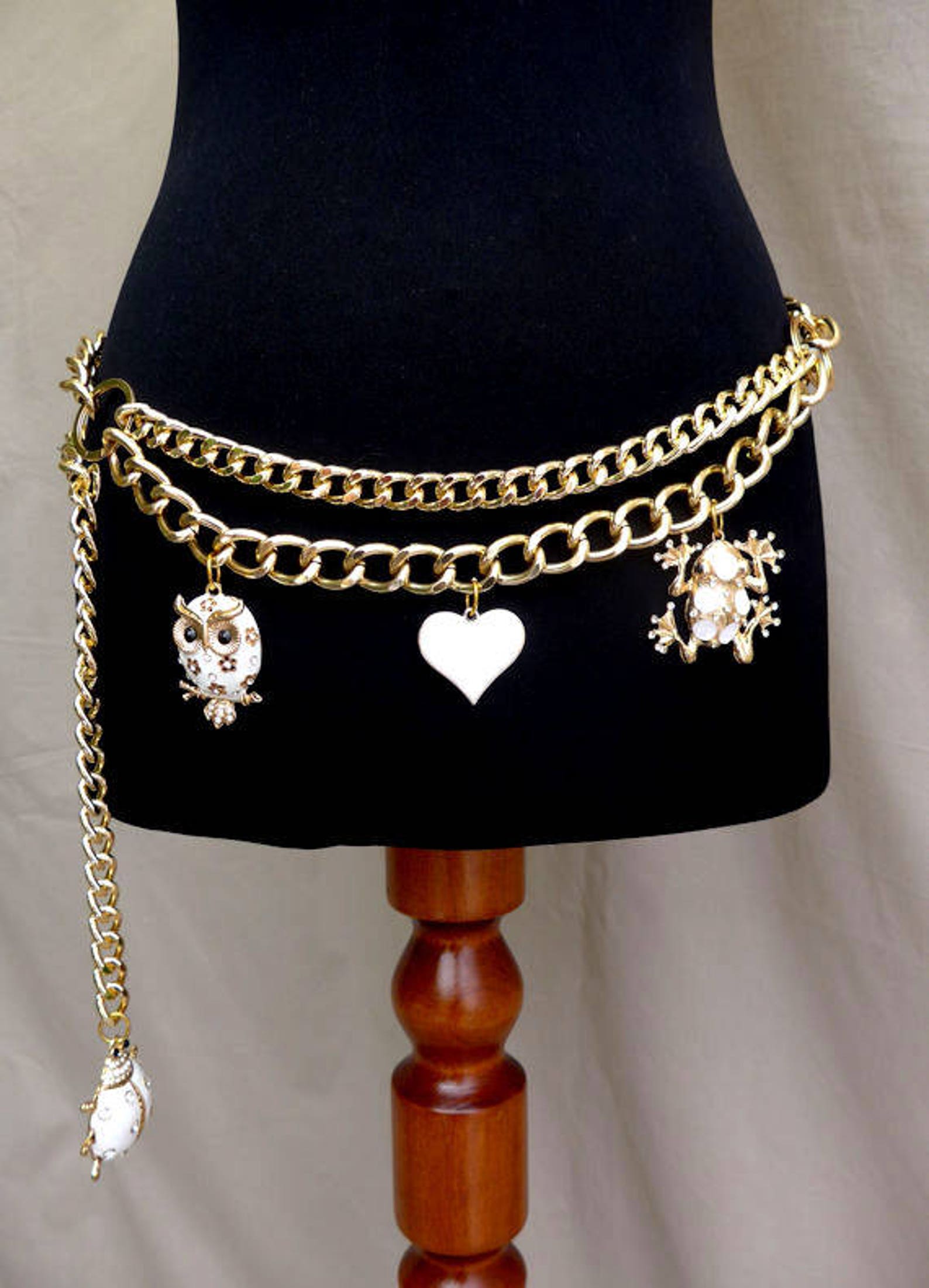 Gold Hand Made Double Swag Hip Chain Belt With White Enamel Owl, Heart ...