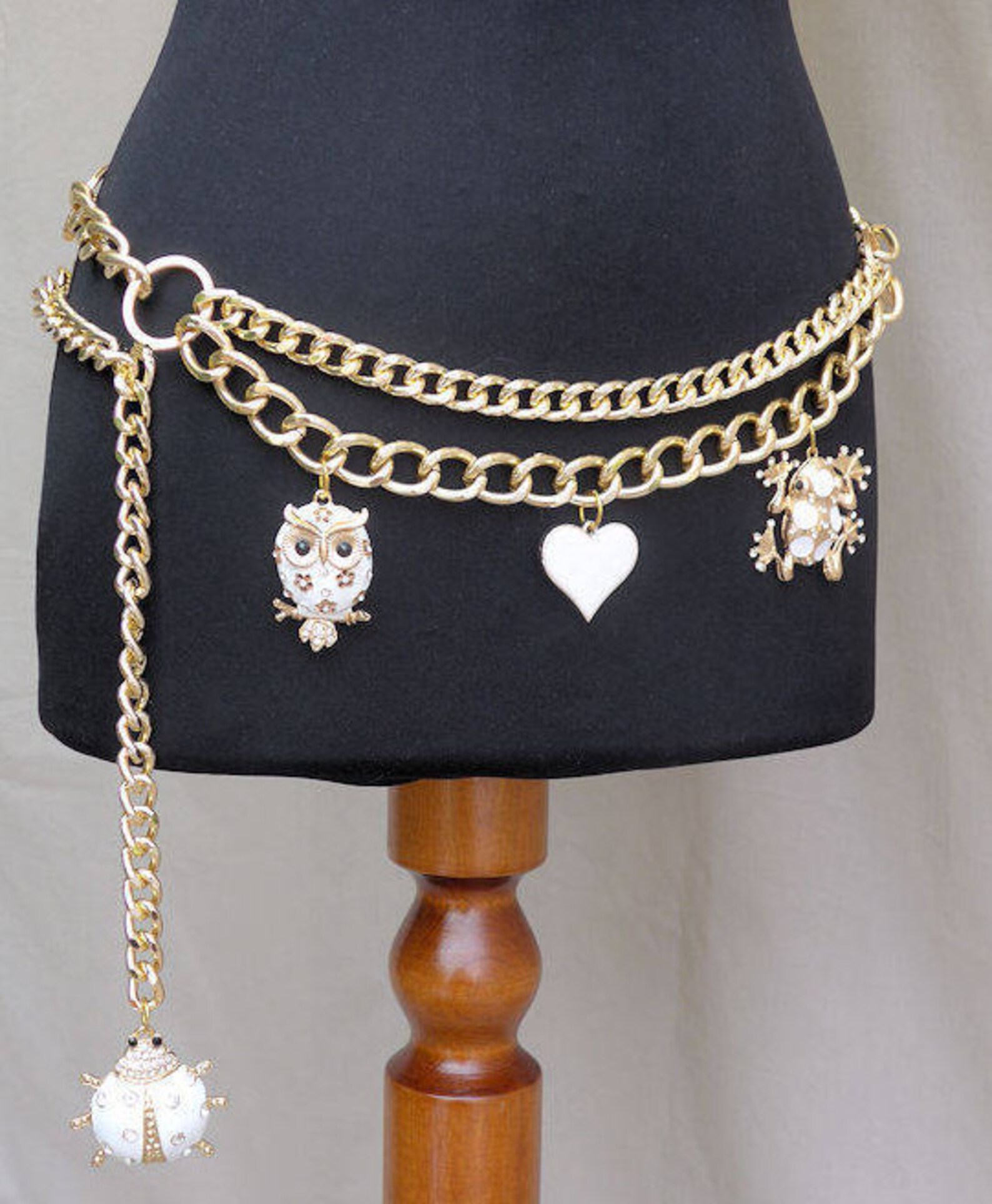 Gold Hand Made Double Swag Hip Chain Belt With White Enamel Owl, Heart ...