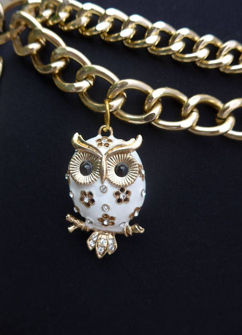 Gold Hand Made Double Swag Hip Chain Belt With White Enamel Owl, Heart ...