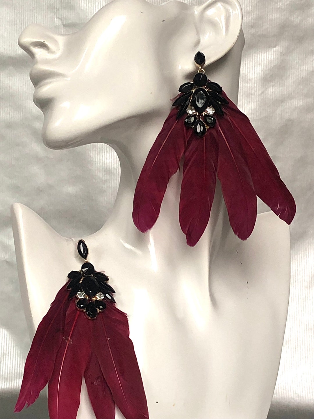 BURGANDY Long FEATHER & Jet BLACK Rhinestone Earings Dangle Earrings ...