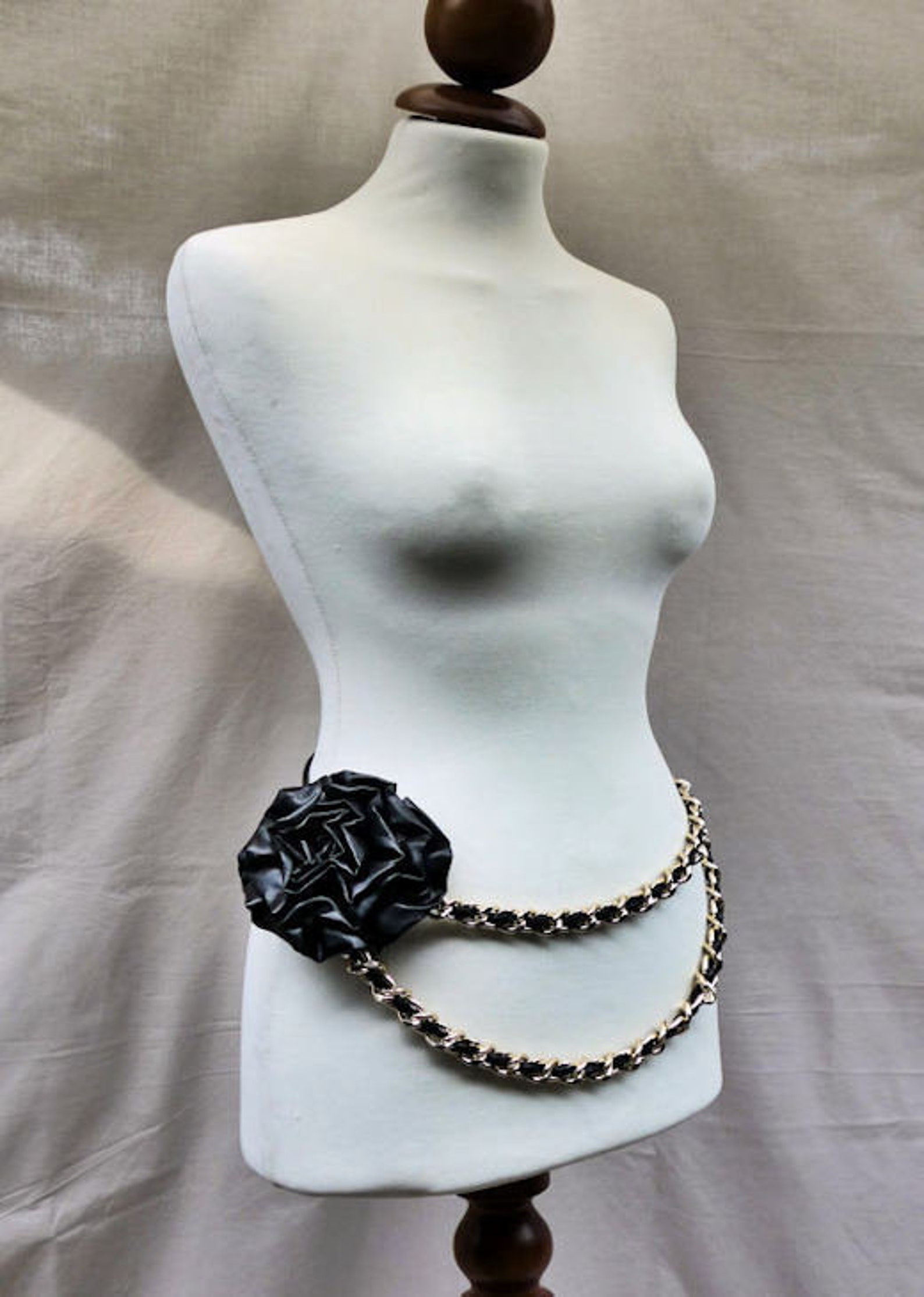 Gold Hand Made Curb Belli Chain/necklace Interwoven With Black Pleather ...