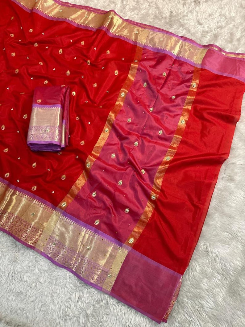 Red Banarasi Soft Silk Saree | Stone Work, Zari Woven Traditional ...