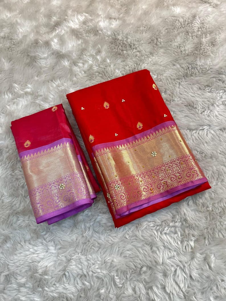 Red Banarasi Soft Silk Saree | Stone Work, Zari Woven Traditional ...