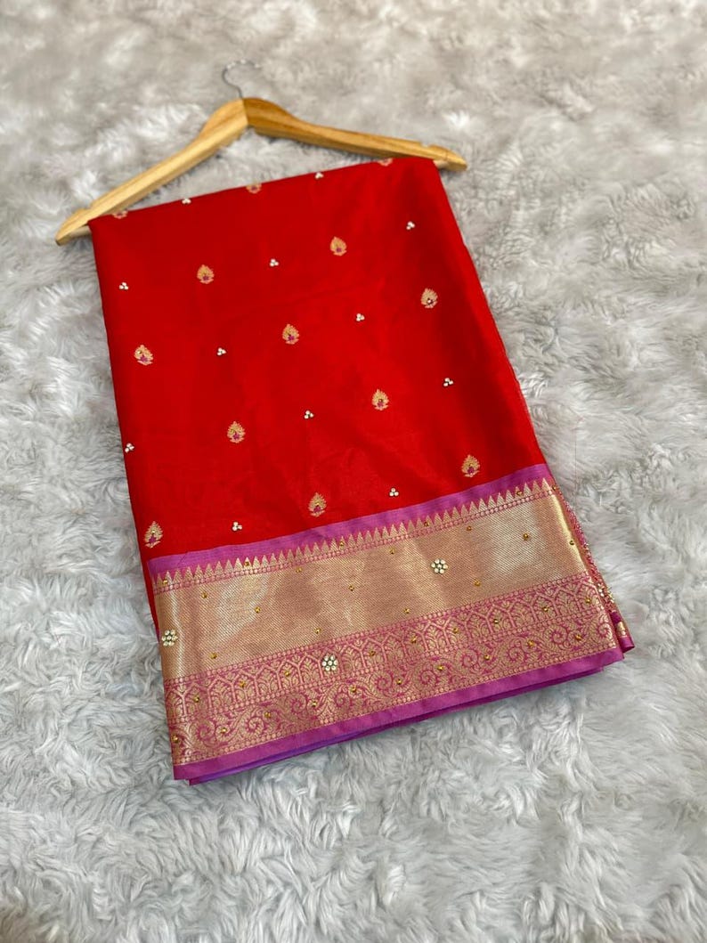 Red Banarasi Soft Silk Saree | Stone Work, Zari Woven Traditional ...