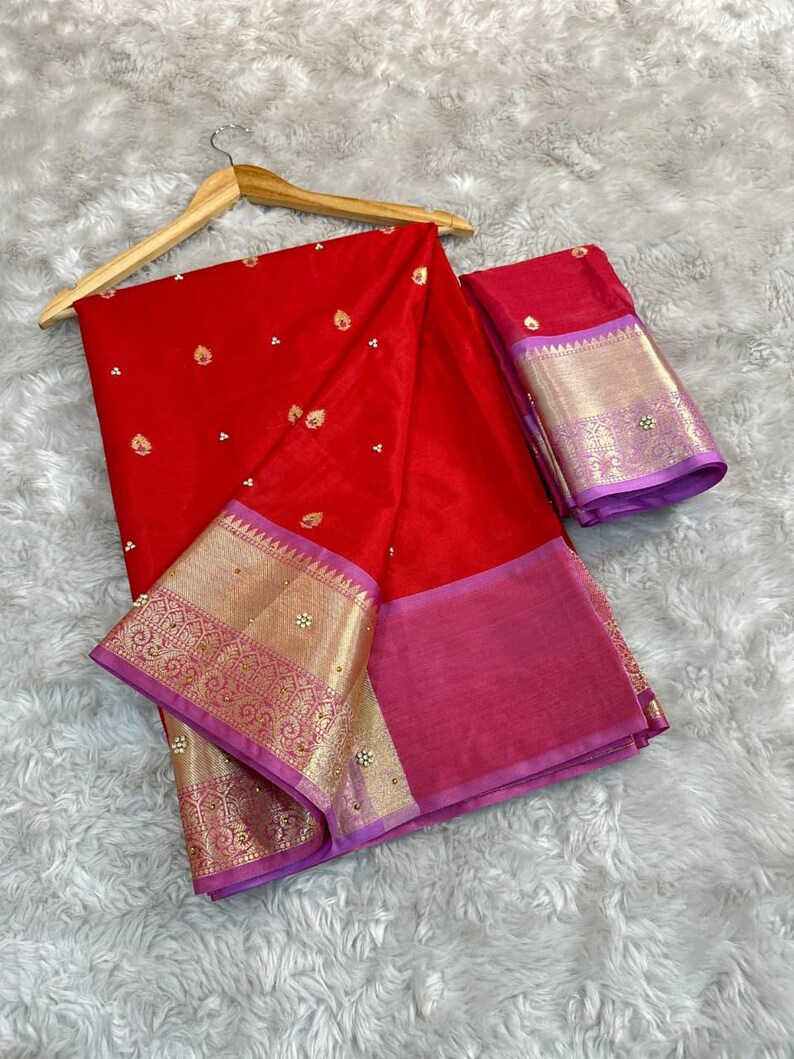 Red Banarasi Soft Silk Saree | Stone Work, Zari Woven Traditional ...