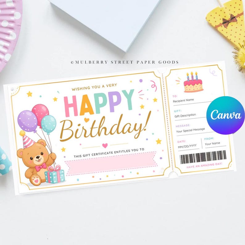 Birthday Gift Certificate Template, Editable Canva, Happy Birthday ...