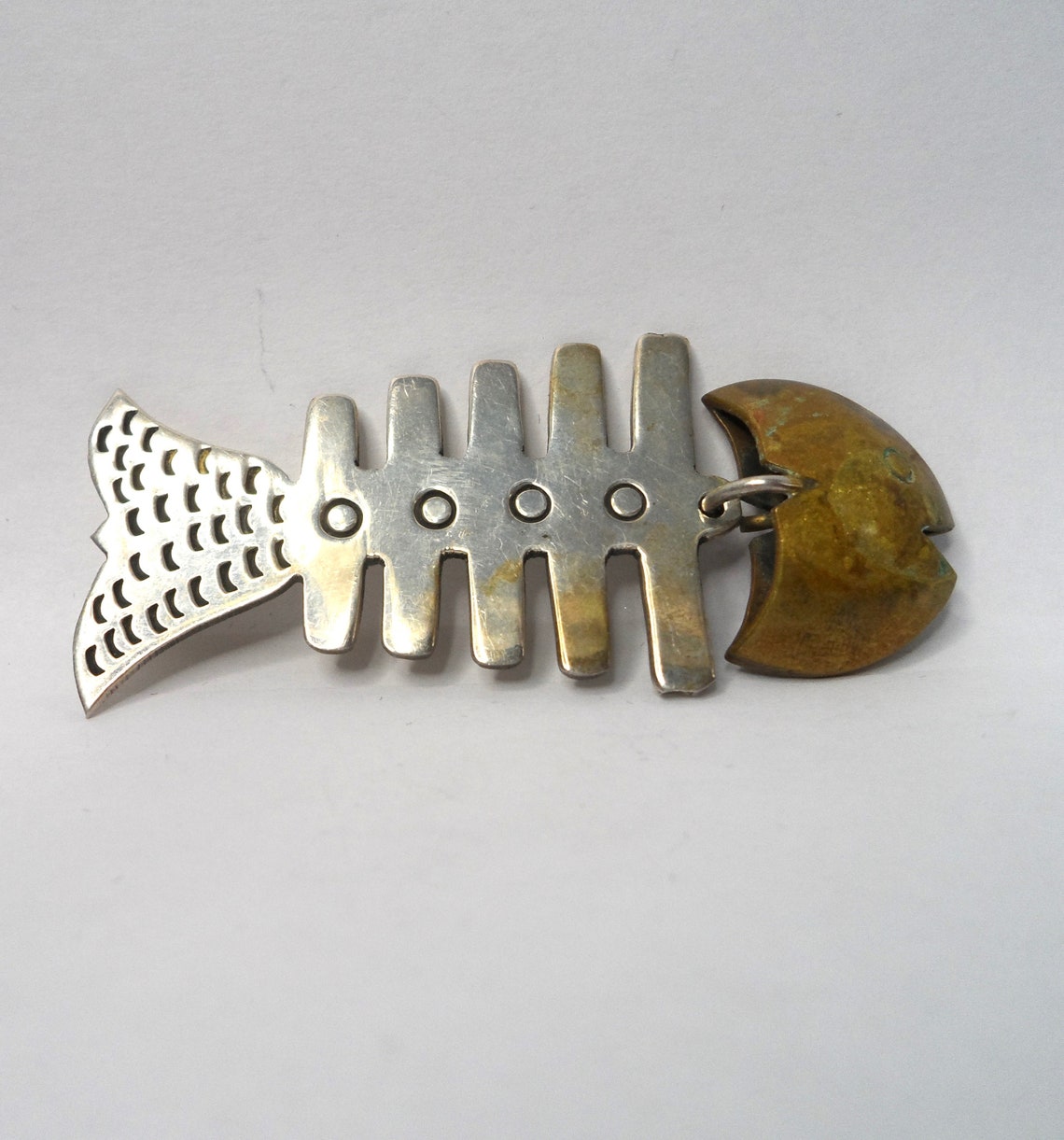 Vintage Articulated Sterling Silver and Laton Fish Brooch Silver and ...
