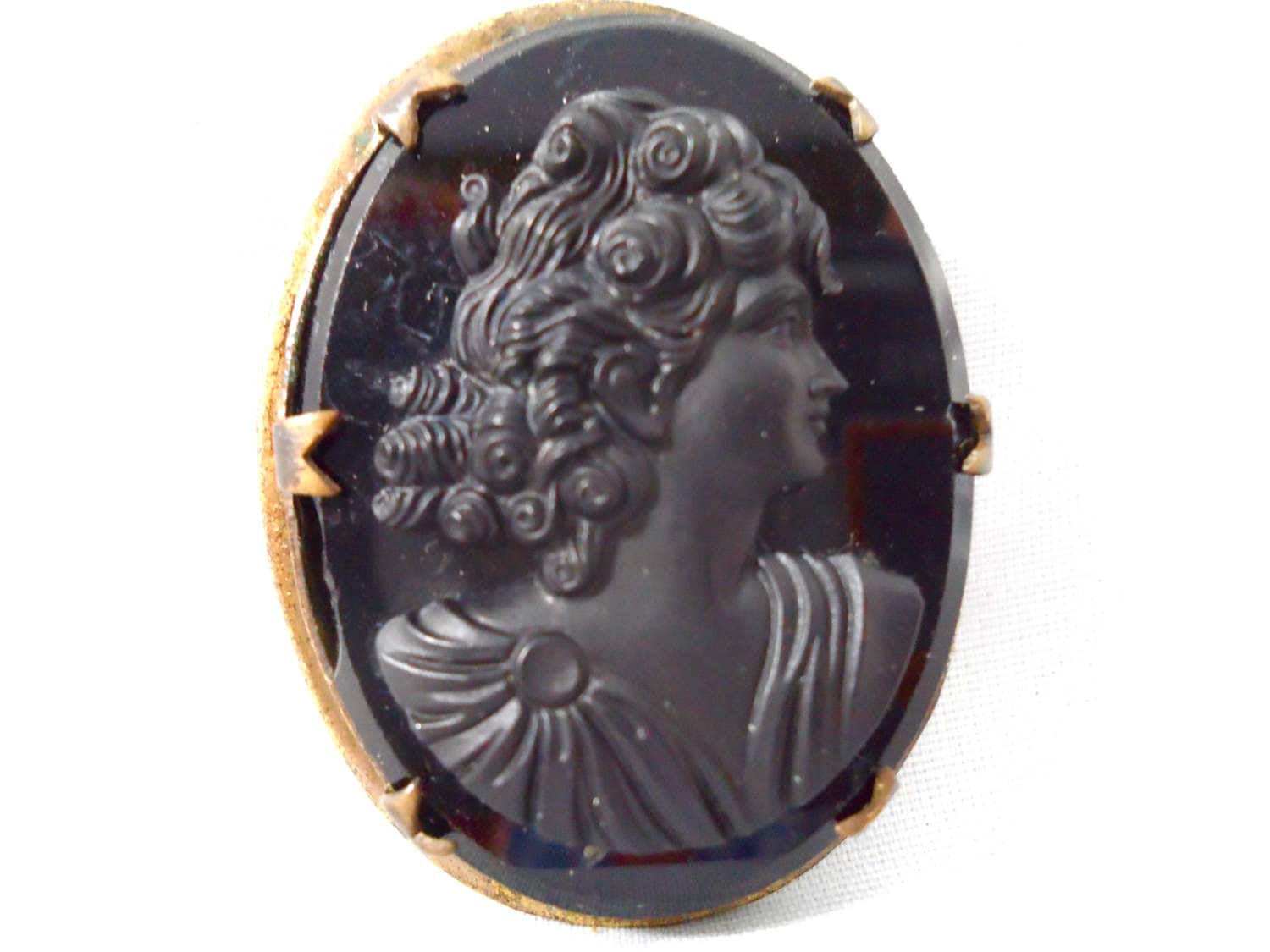 Vintage Carved Black Glass Cameo Brooch Prong Set Brass Mounting ...