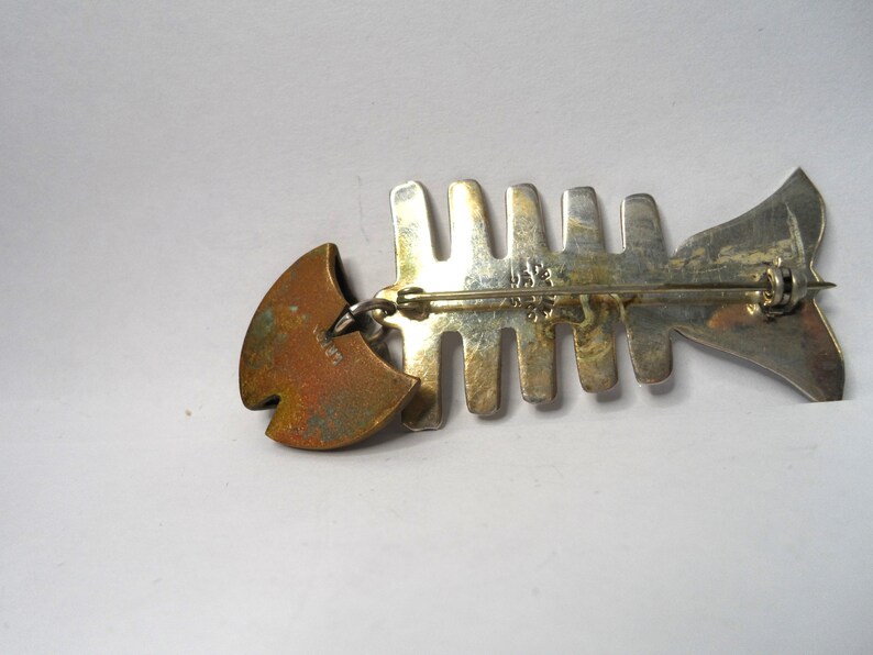 Vintage Articulated Sterling Silver and Laton Fish Brooch Silver and ...