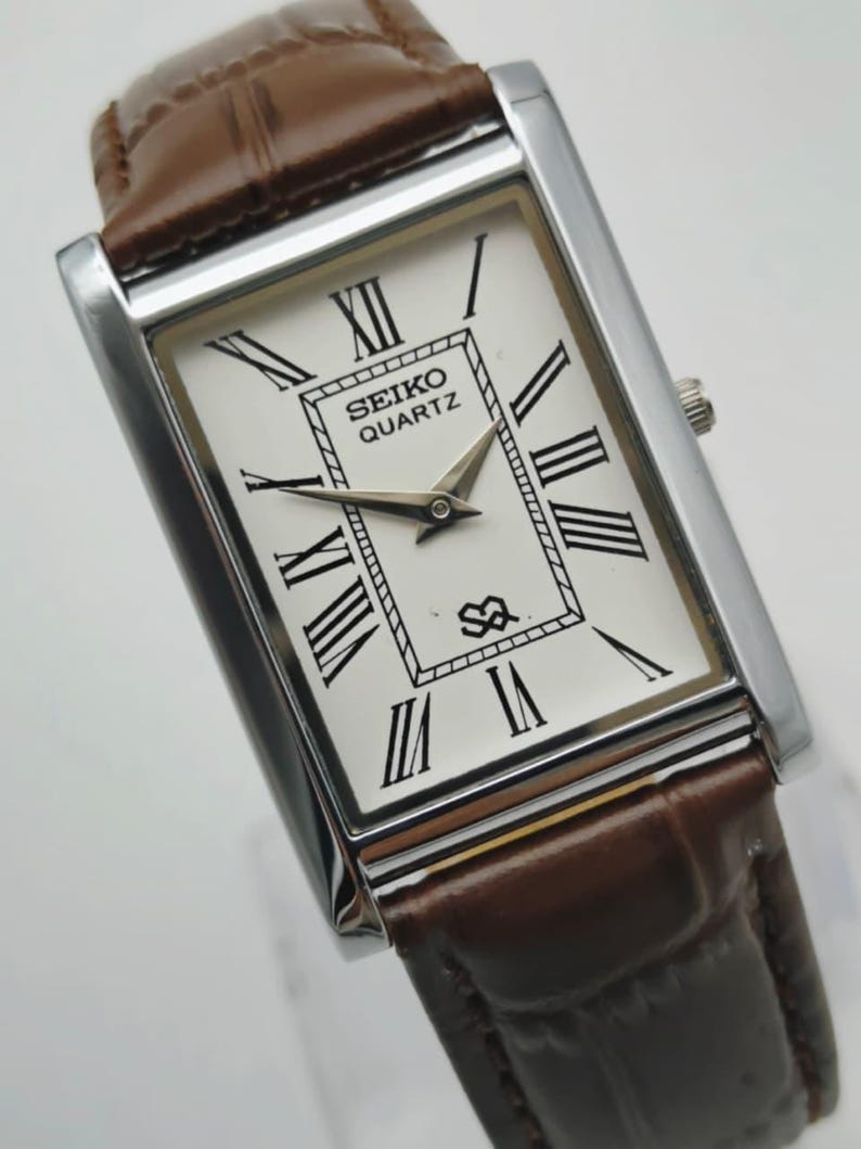 Vintage Seiko Slim Tank Men's Watch, Rectangle Roman Dial, Leather Band ...