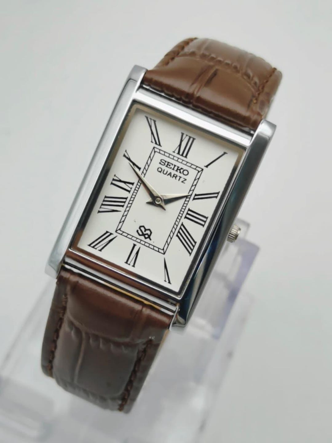 Vintage Seiko Slim Tank Men's Watch, Rectangle Roman Dial, Leather Band ...