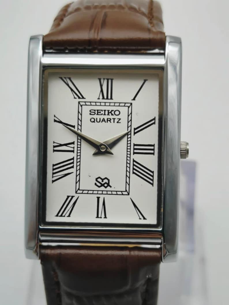 Vintage Seiko Slim Tank Men's Watch, Rectangle Roman Dial, Leather Band ...