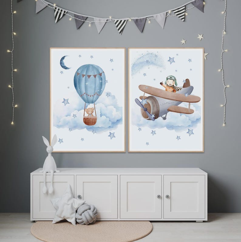 Hot Air Balloon & Airplane Gender Neutral Baby Room Decor | Digital ...