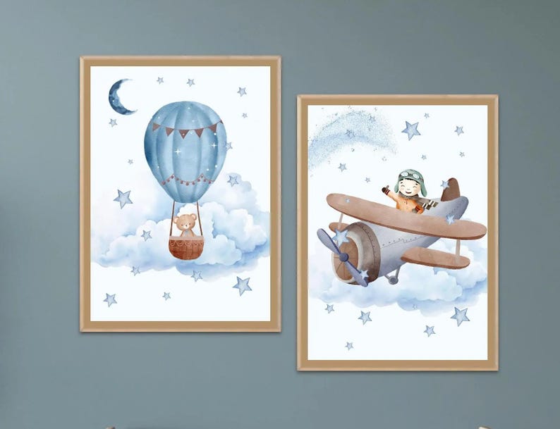 Hot Air Balloon & Airplane Gender Neutral Baby Room Decor | Digital ...