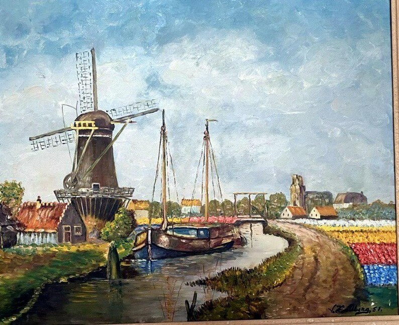 Vintage Oil Painting – Windmill Landscape – Signed V. Sallberg 1951 ...