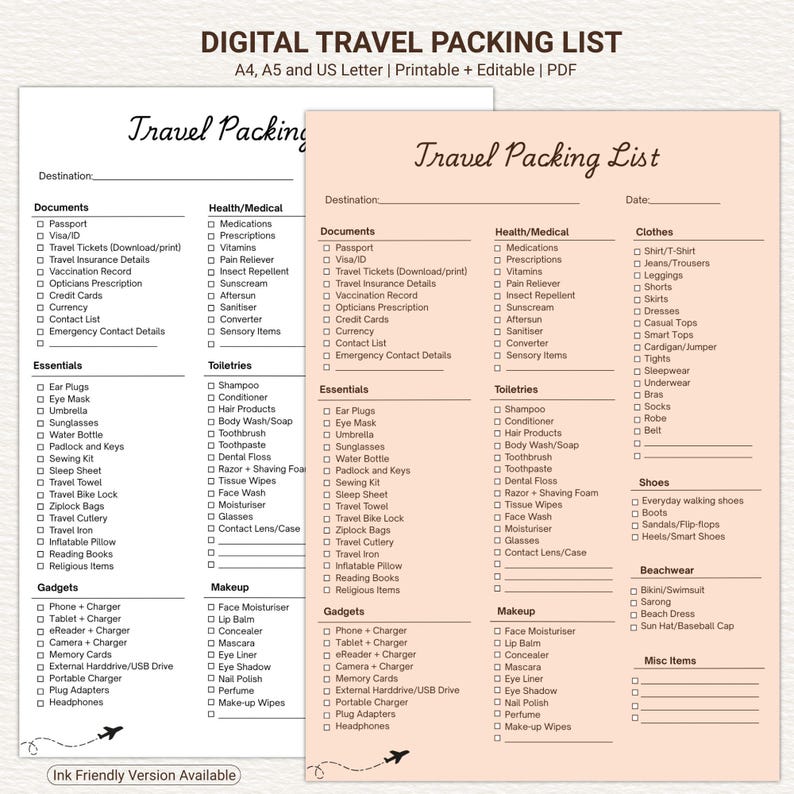 Travel Packing List Printable | Vacation Checklist | Travel Planner PDF ...