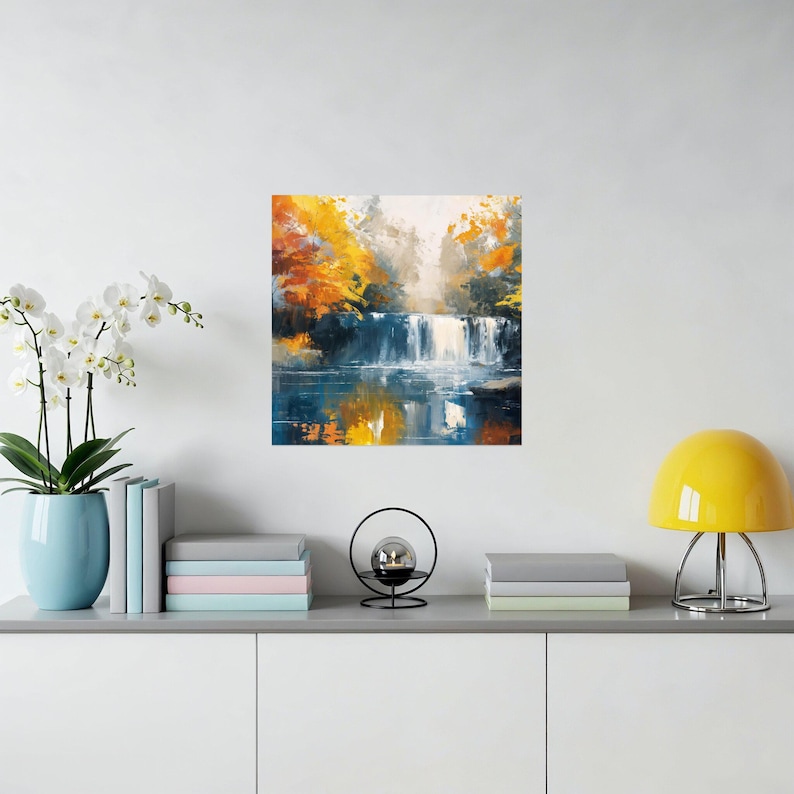 Autumn Waterfall Print, Impressionist Fall Landscape, Vibrant Nature ...