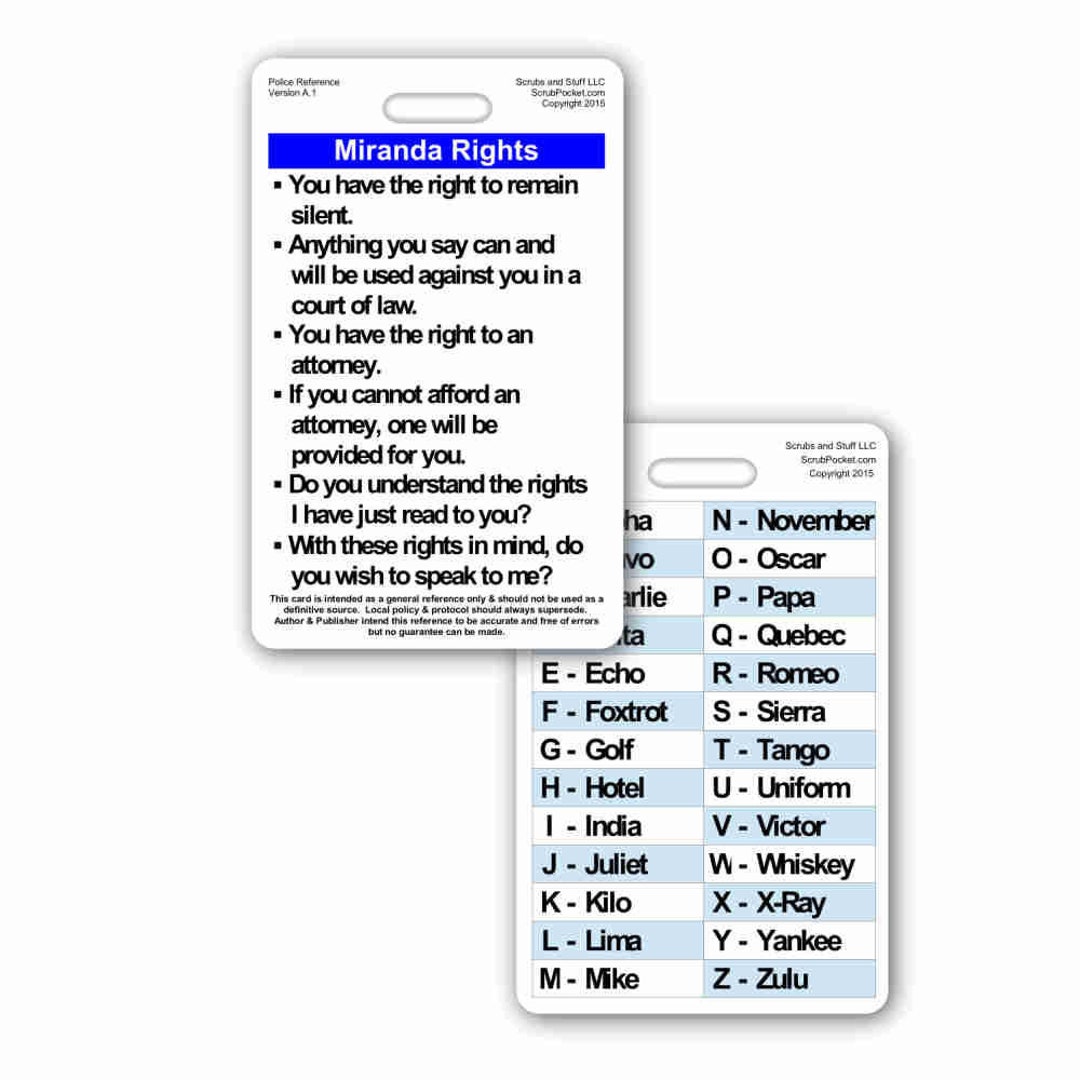 Miranda Rights & Phonetic Alphabet Vertical Badge Card Reference ID ...