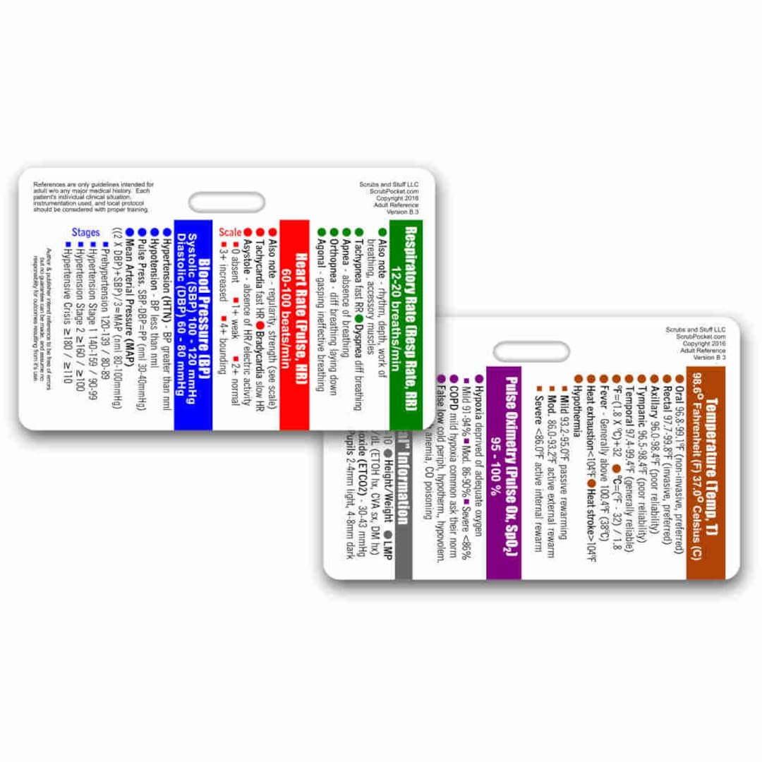 Adult Vital Signs Badge Pocket Card Horizontal for Nurse Paramedic EMT ...