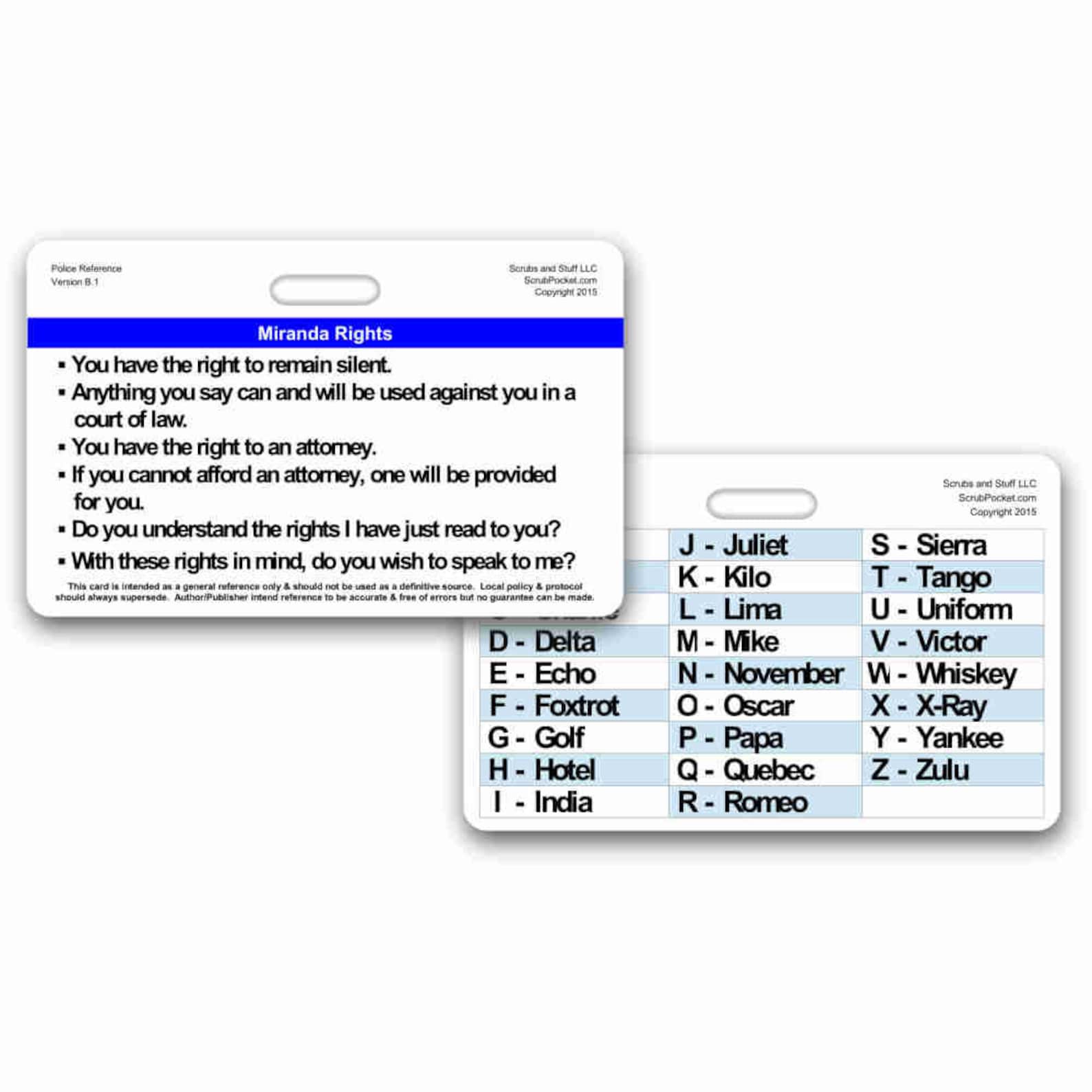 Miranda Rights & Phonetic Alphabet Horizontal Badge Card Reference ID ...