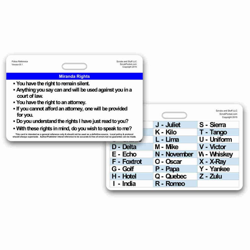 Miranda Rights & Phonetic Alphabet Horizontal Badge Card Reference ID ...
