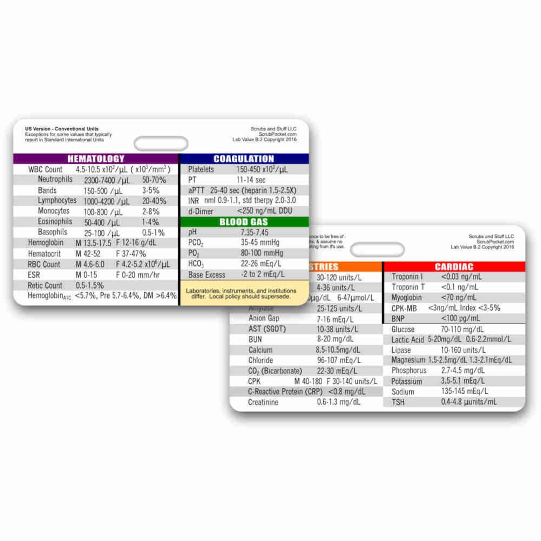 Laboratory Values Badge Card Reference Horizontal for Nurse Medic EMT ...