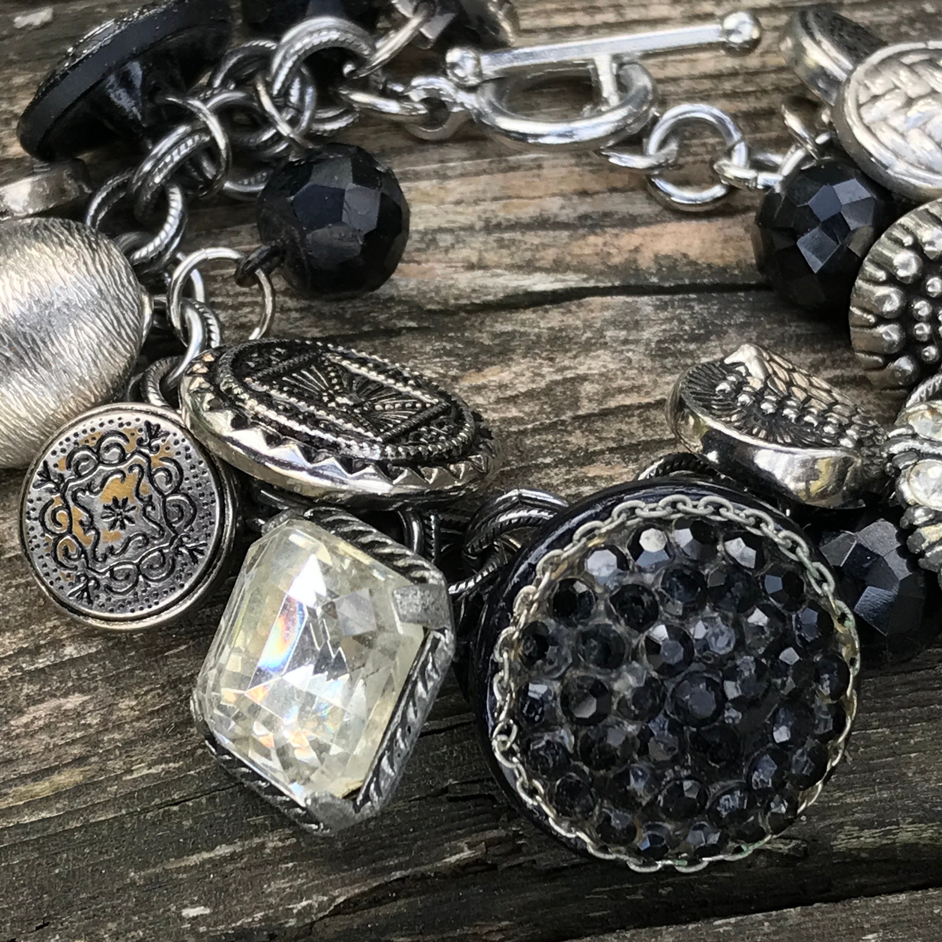 Beautiful Charm Bracelet With Black Mourning Glass and Silver Antique ...