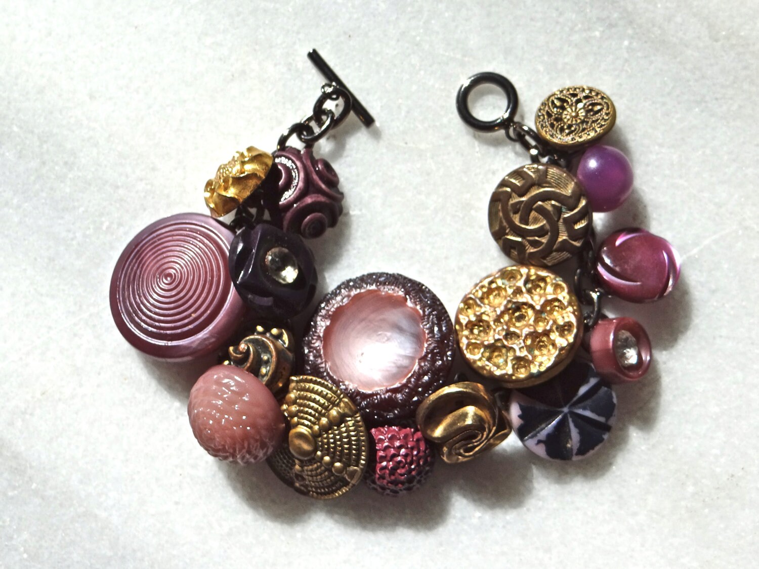 Marvelous Mauve and Gold Antique Button Charm Bracelet - Etsy