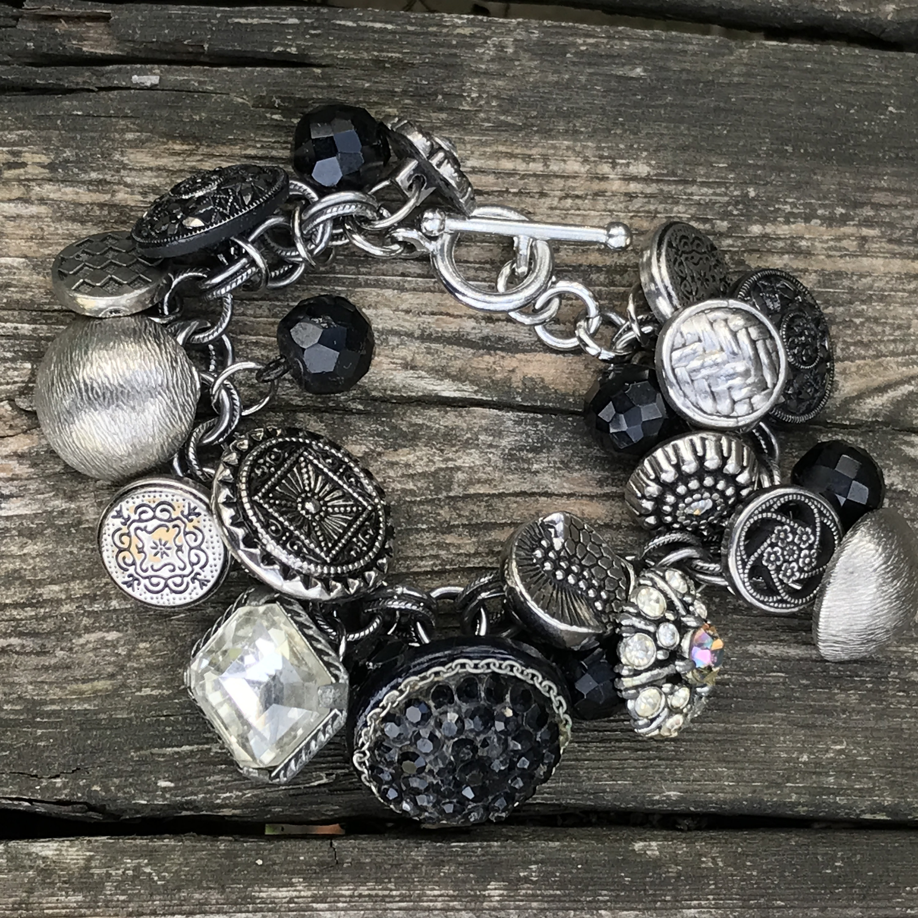 Beautiful Charm Bracelet With Black Mourning Glass and Silver Antique ...