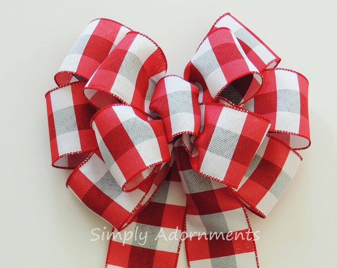 Red Grey Buffalo Plaid Bow Cabin Christmas Wreath Bow Red Grey