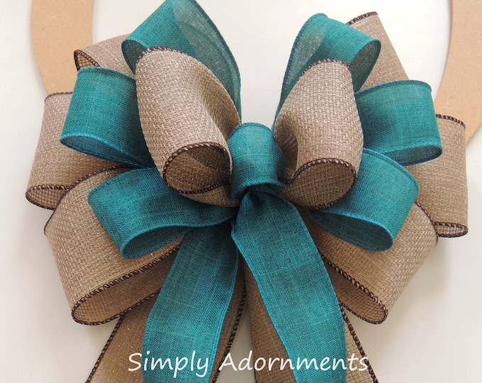 Vintage Teal Burlap Ribbon Bow Farmhouse Beige Teal Bows - Etsy
