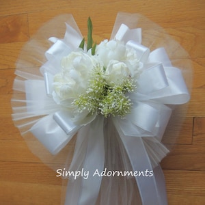 White Peonies Satin Tulle Bow, Large White Tulle Satin Flowers Bow ...