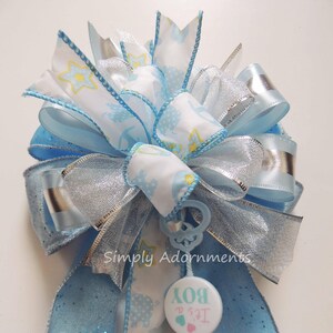 Blue Baby Shower Bow, Baby Boy Gift Bow, Blue Silver Baby Shower Bow ...