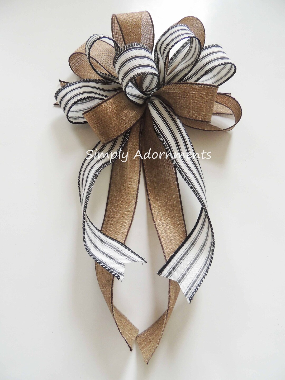 Burlap Farmhouse Stripe Bow, Vintage Ticking Stripes Bow, Burlap ...