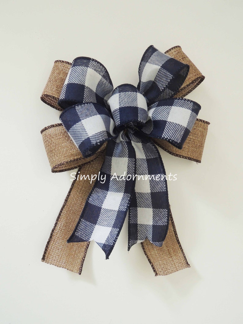 Farmhouse Navy Buffalo Check Gift Bow Burlap Navy Check Door | Etsy