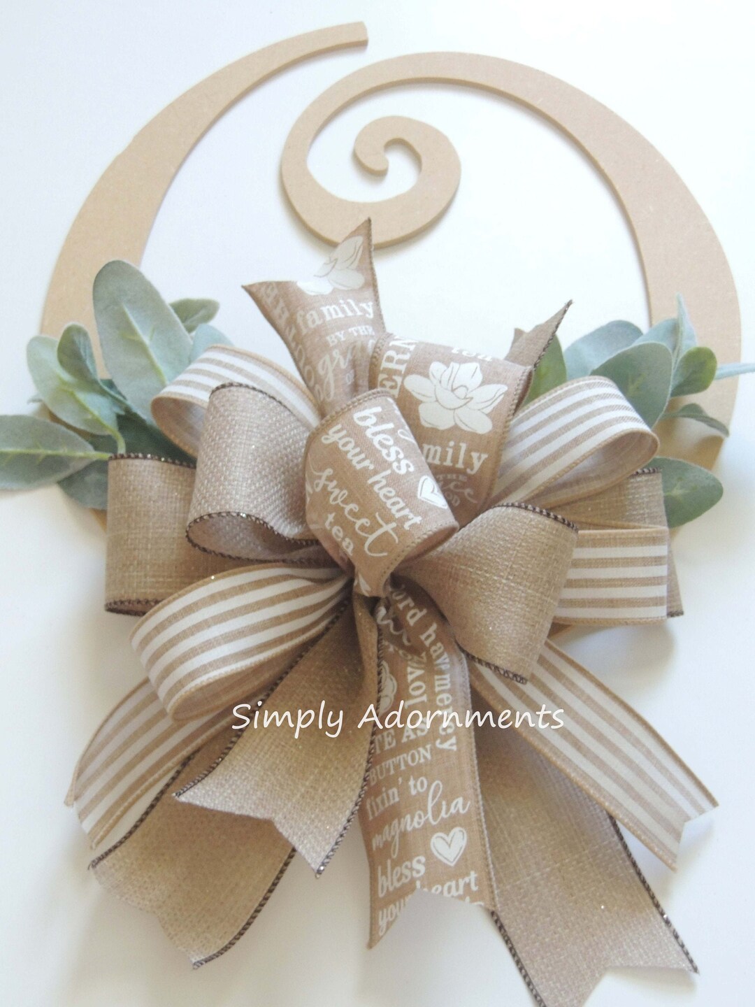 Tan White Farmhouse BOW ONLY , Rustic Tan Farmhouse Stripes Bow ...