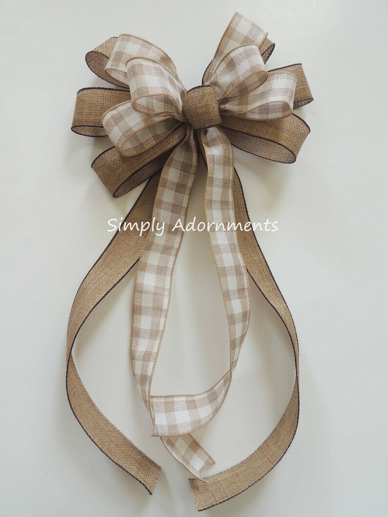Vintage Burlap Tan check Bow Farmhouse Tan Check Bows Rustic | Etsy