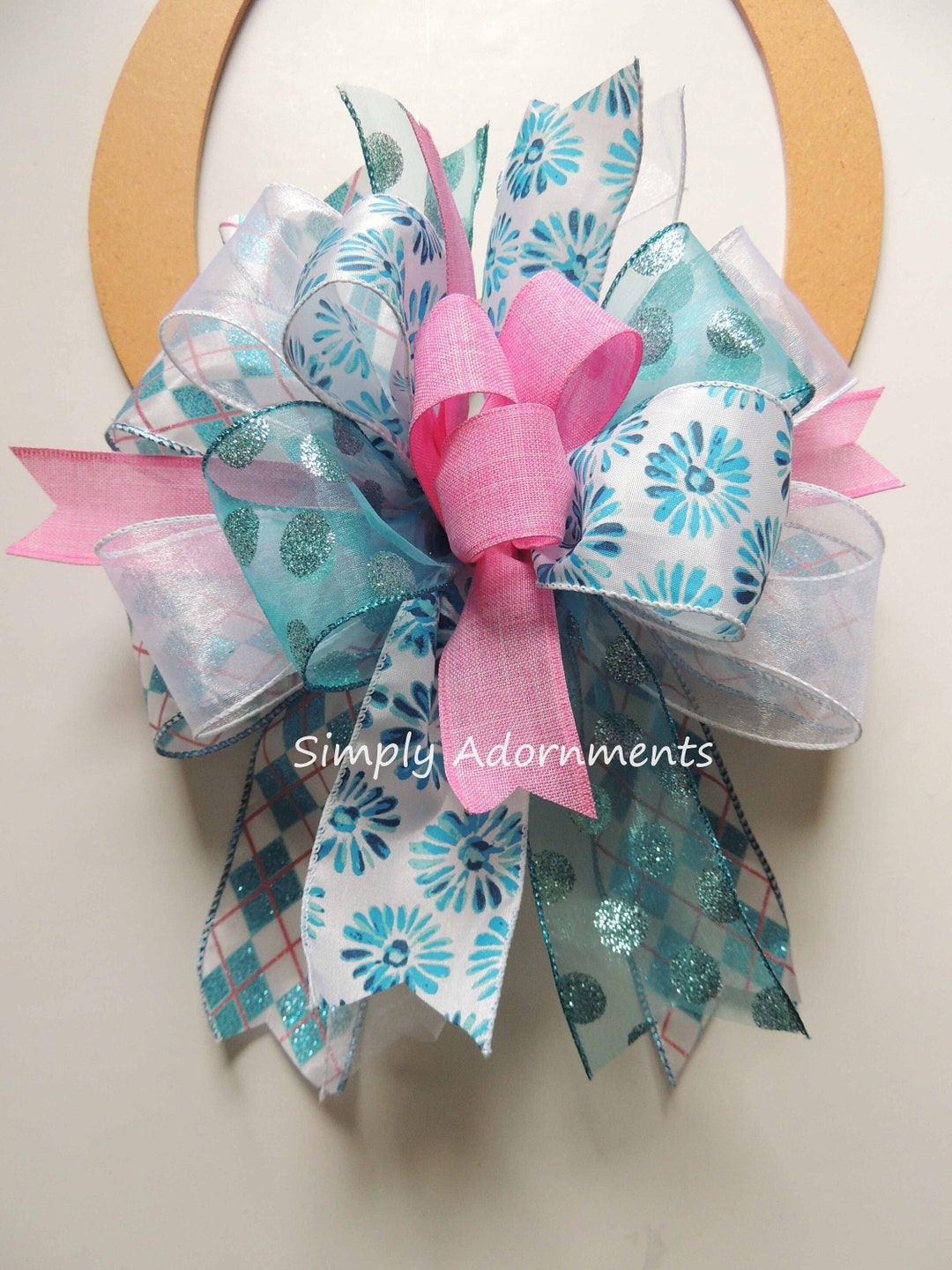 Pink Blue Flower Bow, Pink Blue Wreath Bow, Spring Flowers Bow, Lantern ...