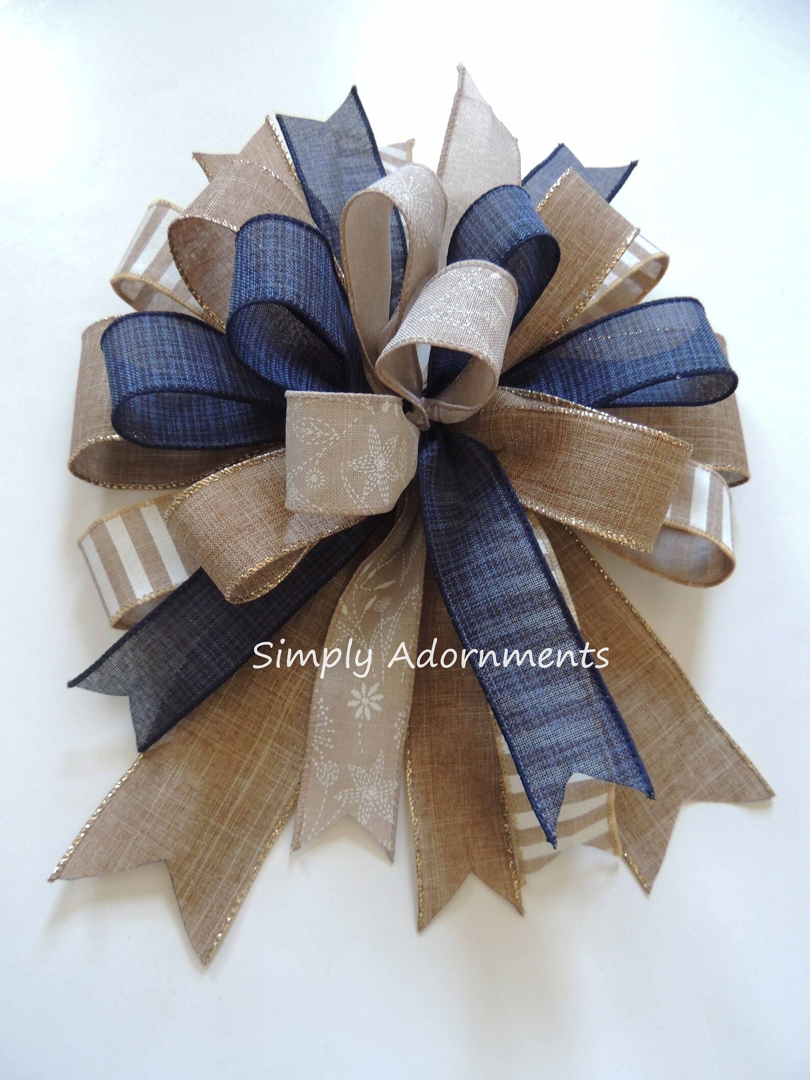 Navy Tan Farmhouse Bow, Navy Tan Farm Wreath Bow, Cottage Wreath Bow ...