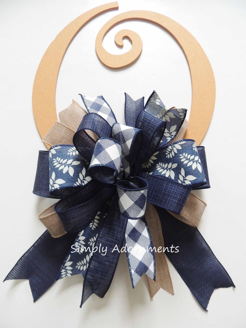 Navy Tan Farmhouse Bow, Navy Farmhouse Bow, Rustic Navy Tan Wreath Bow ...